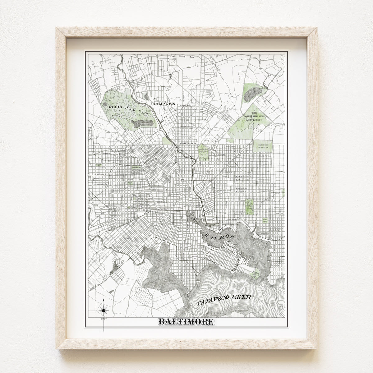 BALTIMORE Hand-drawn 1887 Street Map Drawing: PRINT — Turn-of-the-Centuries