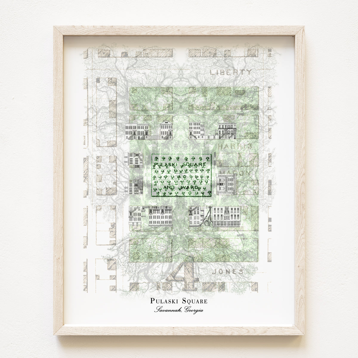 Savannah GA Pulaski Square Map-drawing: ART PRINT — Turn-of-the-Centuries