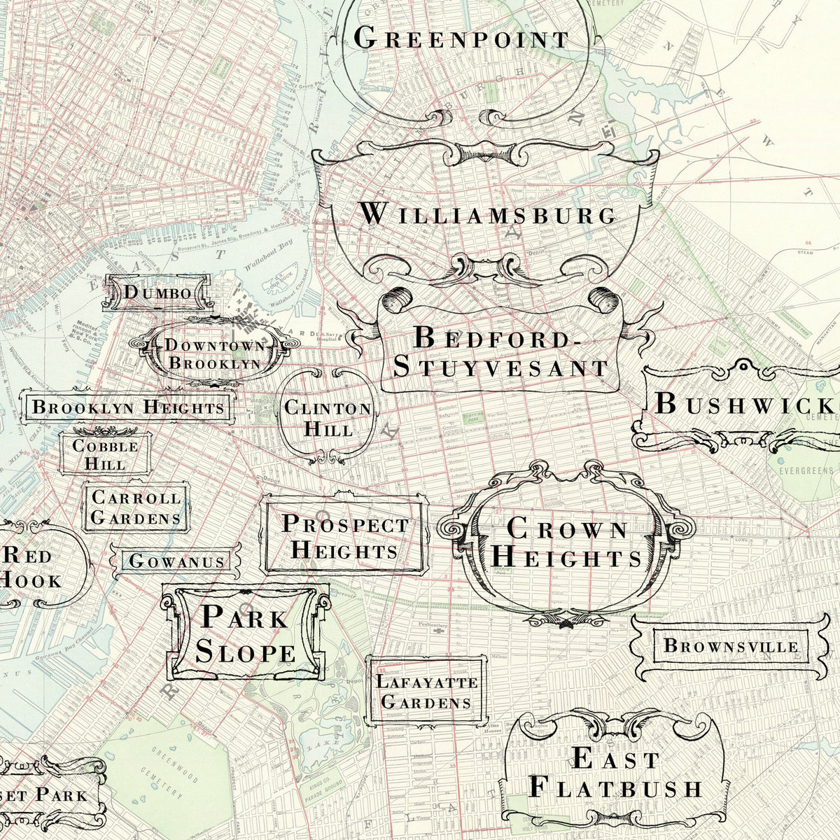 BROOKLYN Neighborhoods + Architectural Streetscape Map: PRINT — Turn-of ...